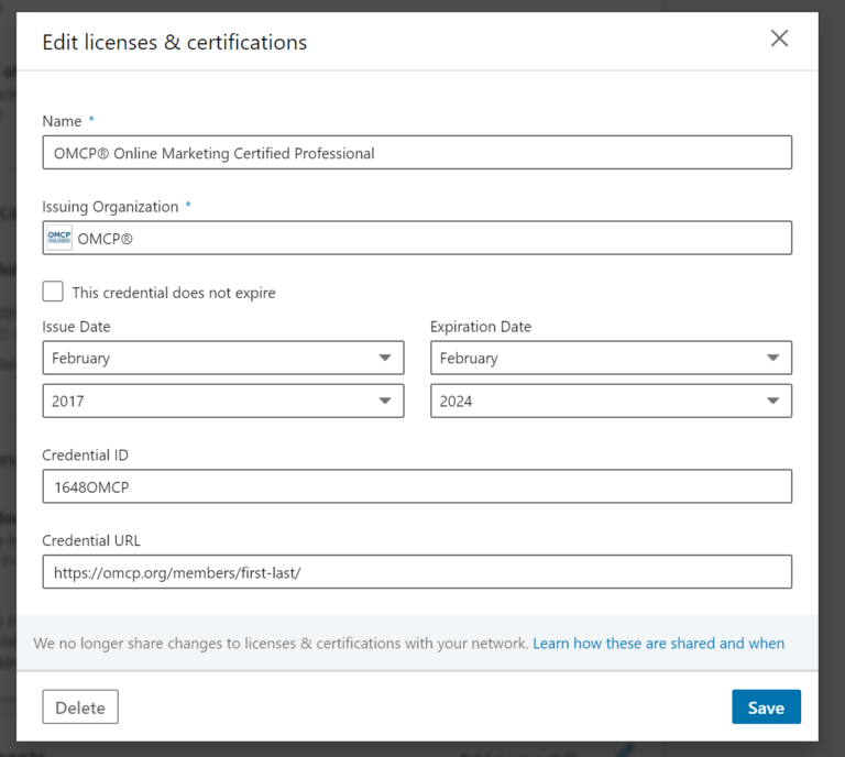 Adding OMCP Credentials To Your LinkedIn - OMCP